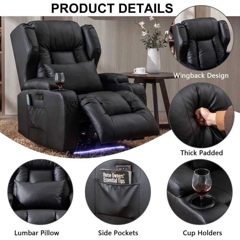Faux Leather Power Reclining Home Theater Seat with Cup Holder Black